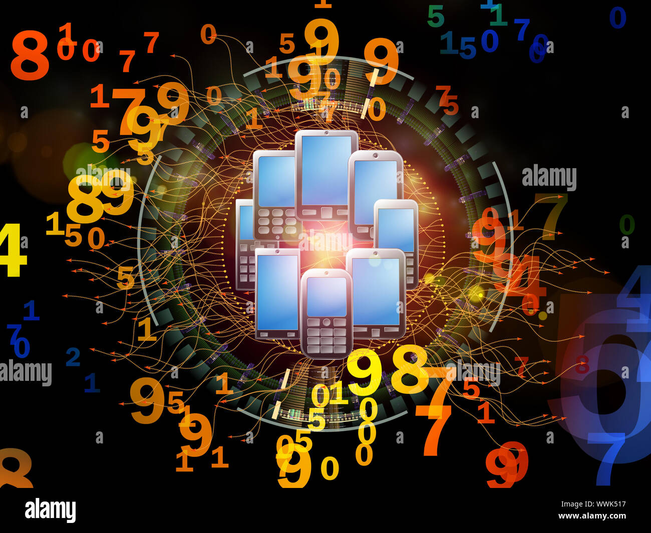 Interplay of cellular phones, numbers, lights and abstract elements on ...