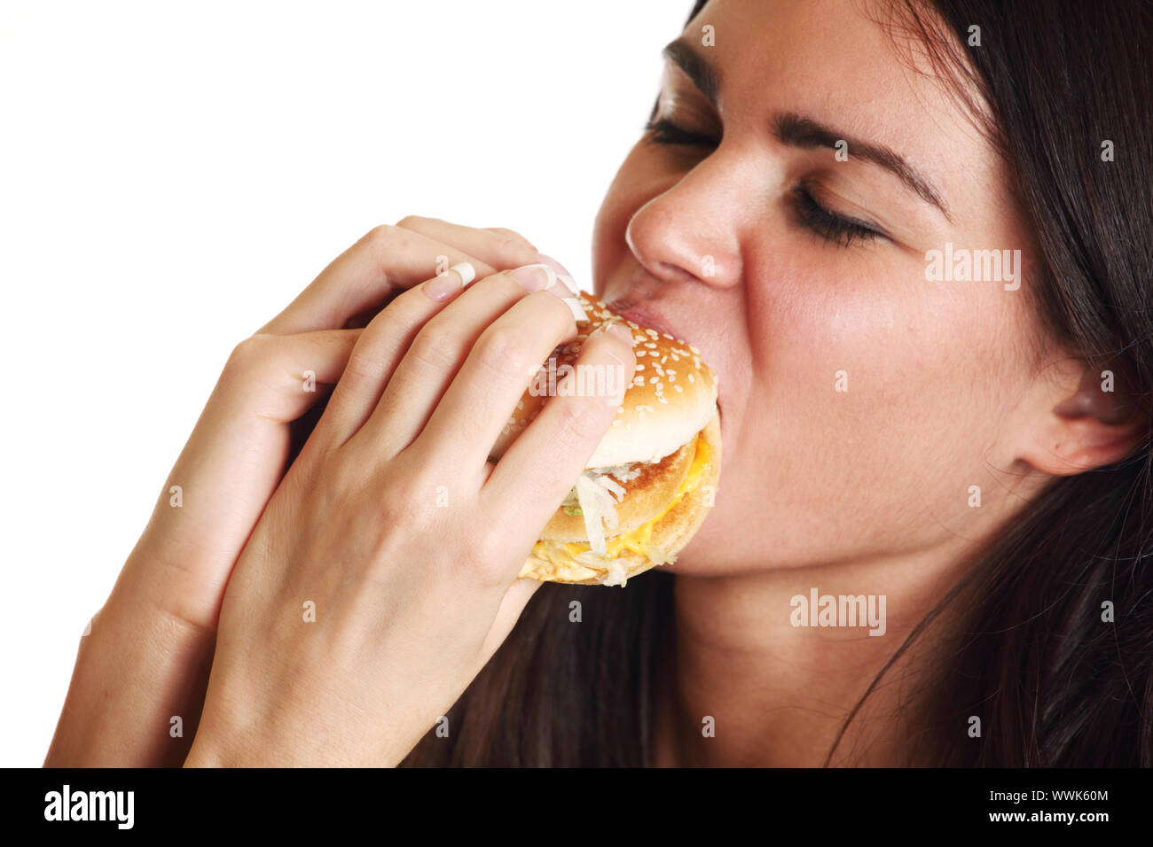 woman eat burger isolated on white background Stock Photo - Alamy