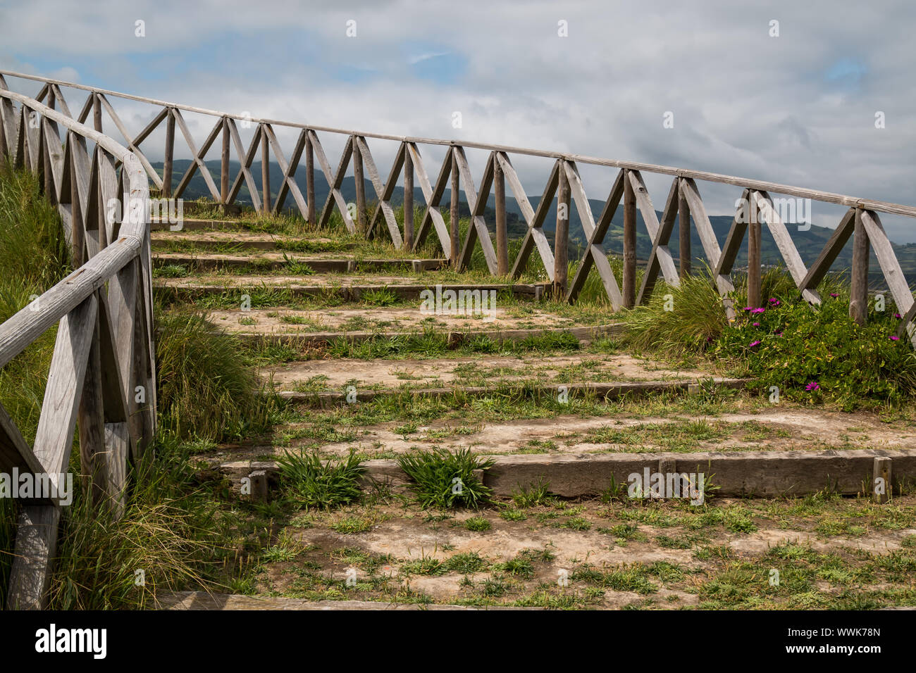 Low a long comfortable stairs with a curve, built in the nature. Green ...