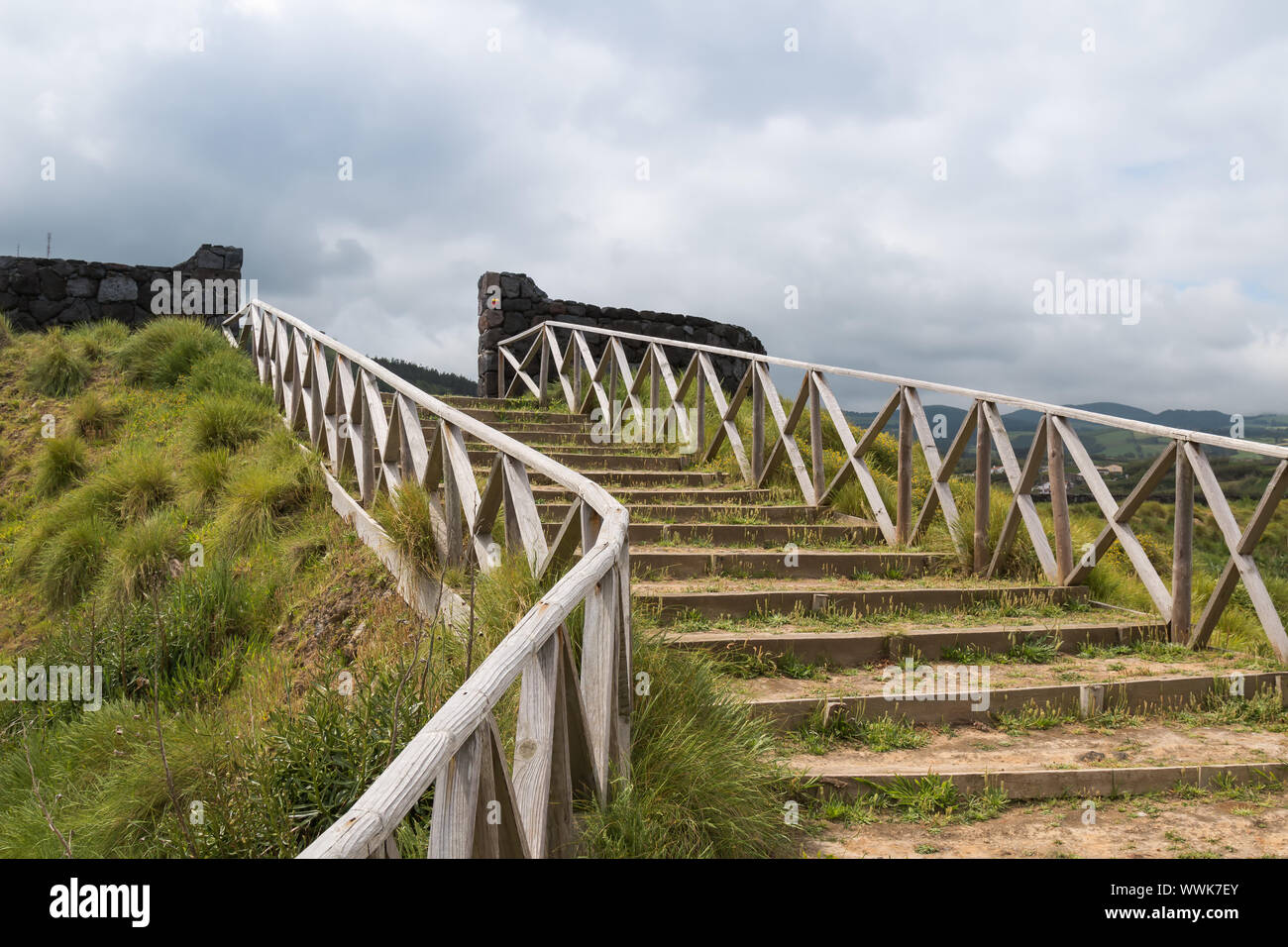 Low a long comfortable stairs with a curve, built in the nature. Green ...