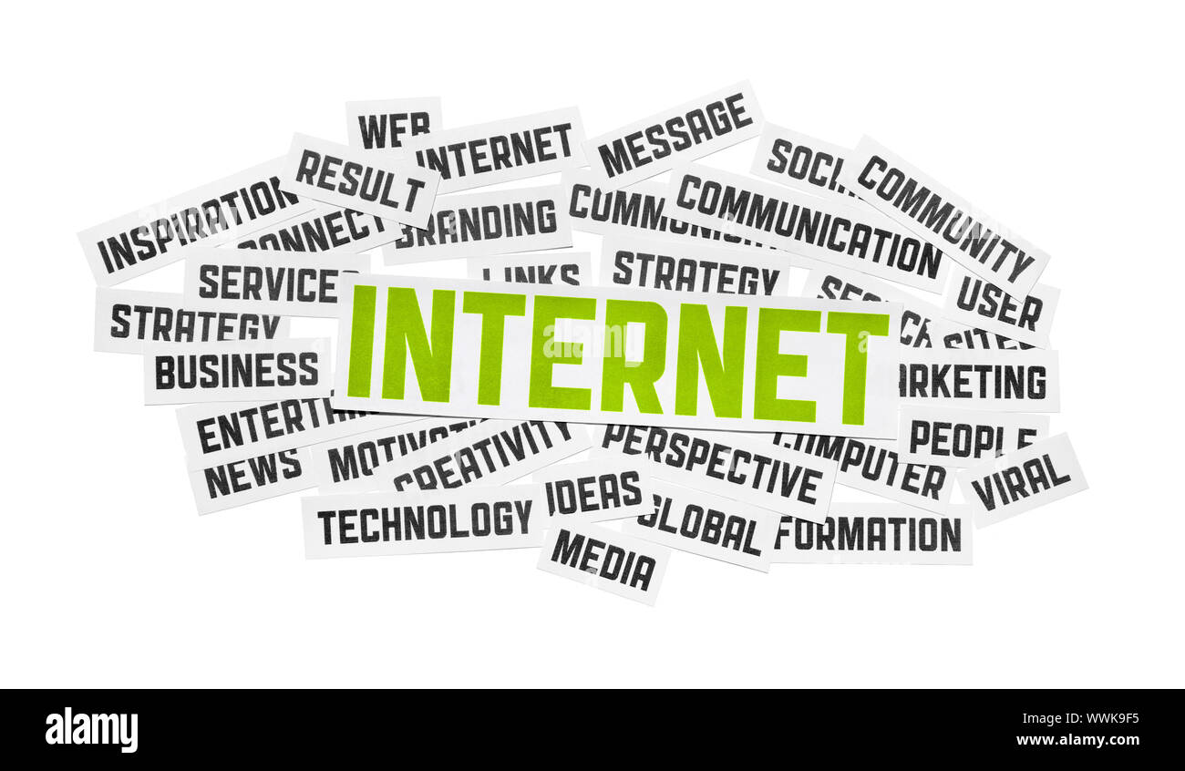 Internet texts on pieces of paper. Isolated on white Stock Photo - Alamy