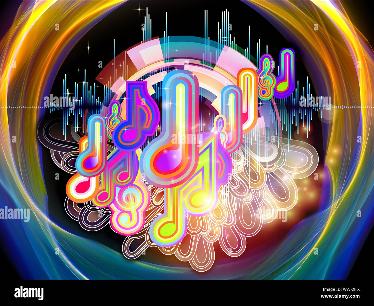Interplay of graphic analyzer bars, music notes and abstract design ...