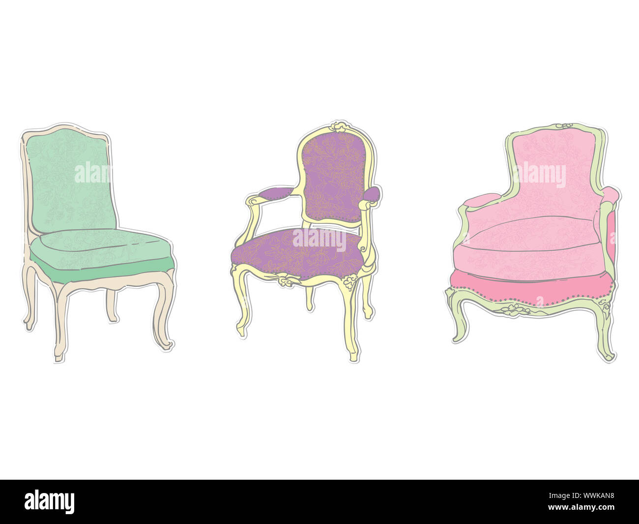 antique rococo chairs and armchair with floral tapestry stickers ...