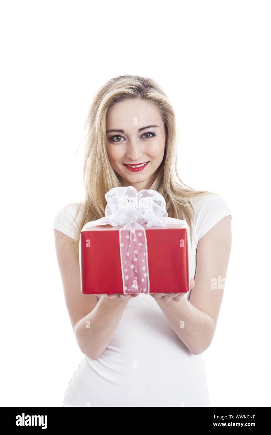 Young woman cheerful with gifts for christmas and birthday Stock Photo ...