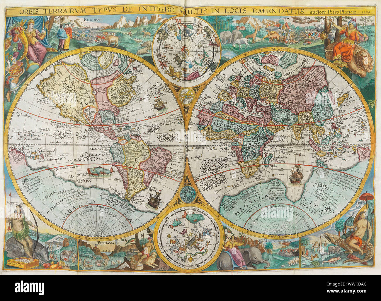 Itinerarium. World map with costumes, natives, ships, plants and ...
