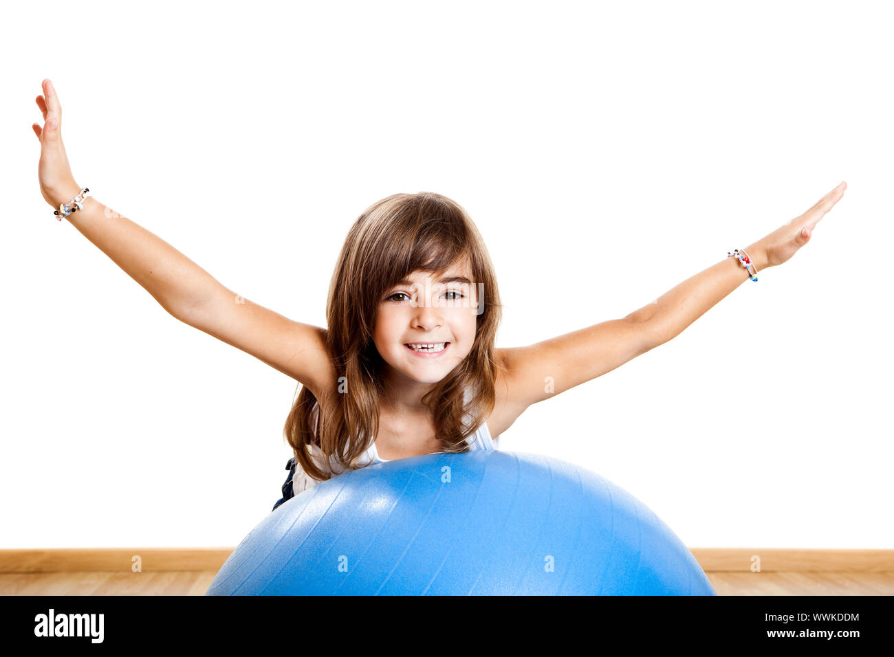 Happy little child playing with a big blue ball Stock Photo - Alamy