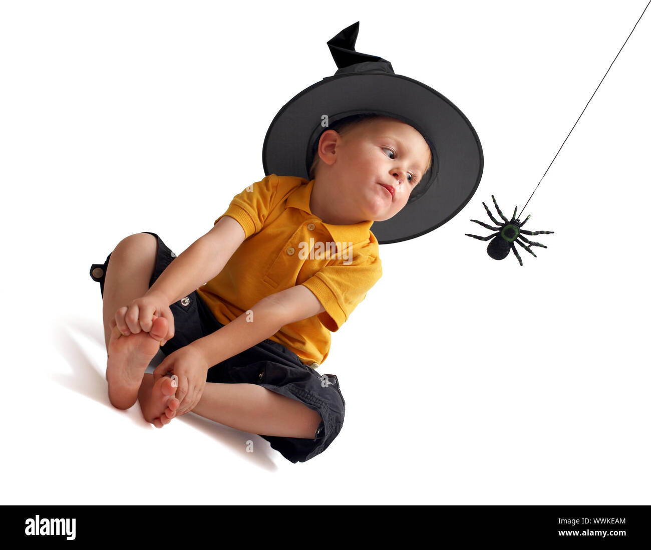 Spider hunting. Isolated image of black spider and small cute boy in ...