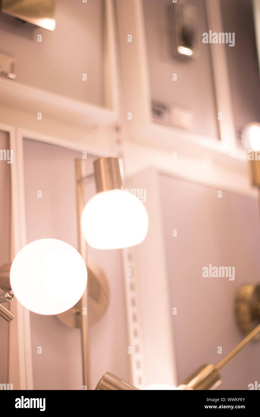 LED modern lights and bulbs on display in store lighting department ...