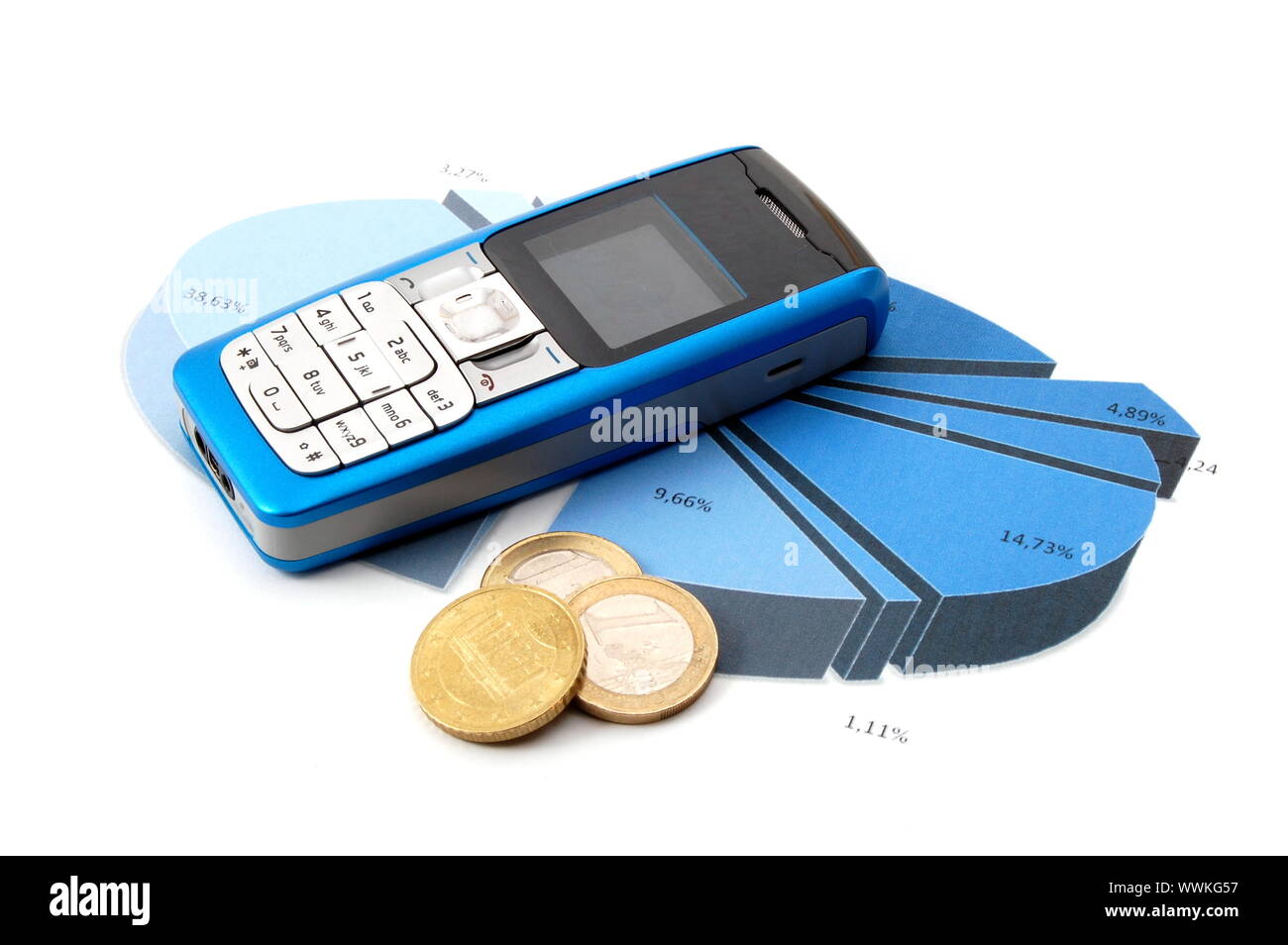 blue cell phone over business chart showing success Stock Photo - Alamy
