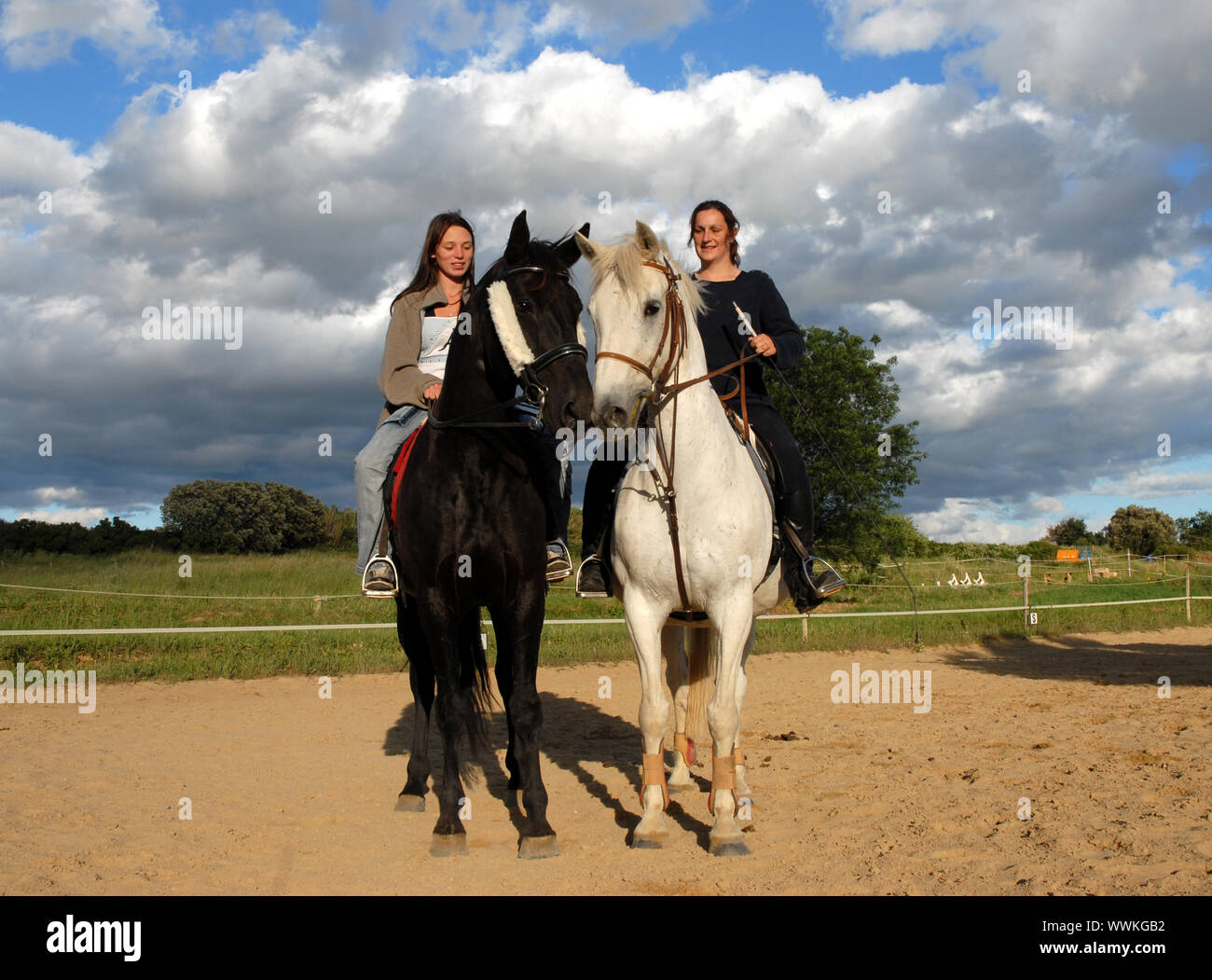 training in dressage for a black horse and her riding girl Stock Photo ...