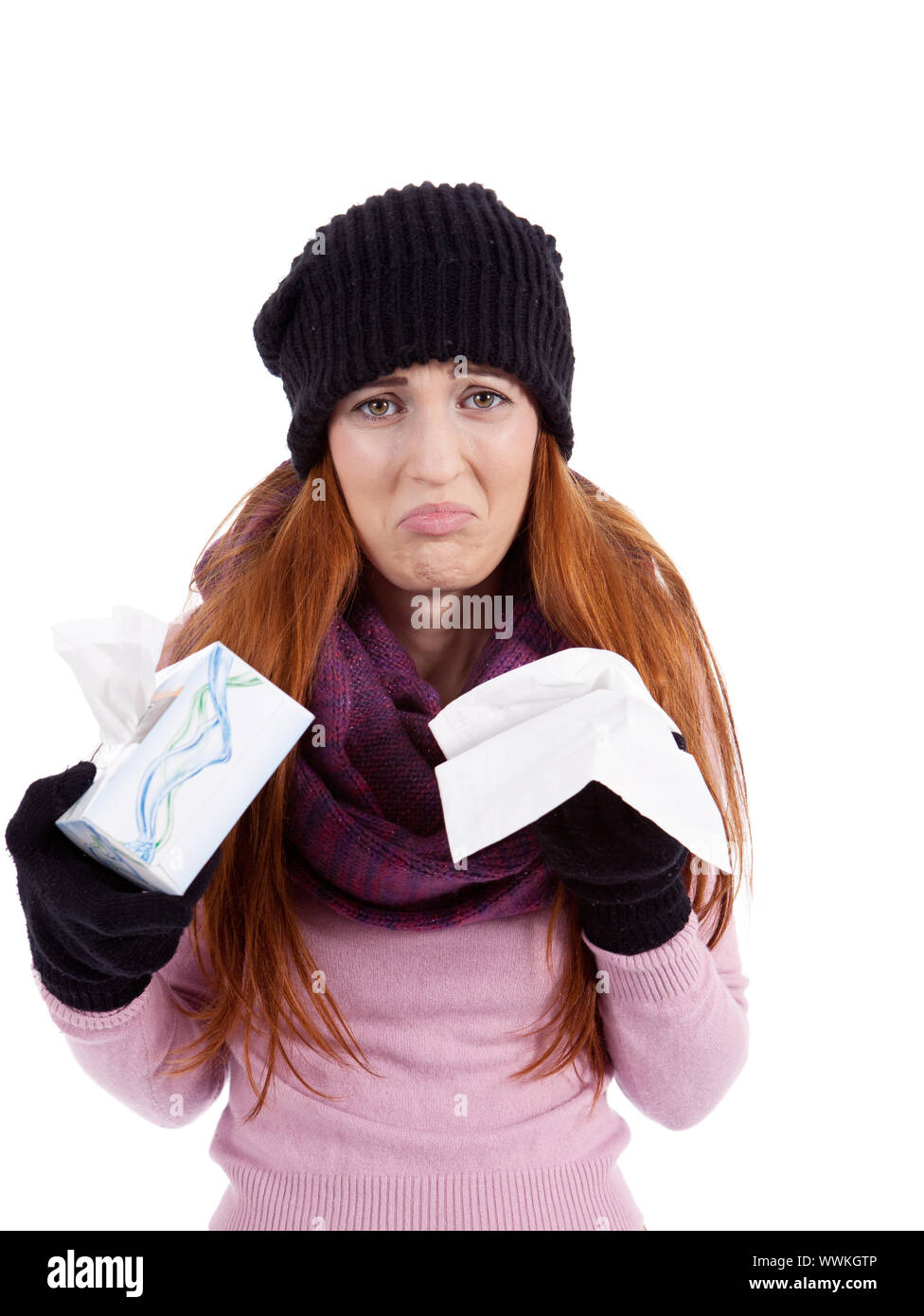 Woman with handkerchief and nasal spray with flu Stock Photo - Alamy