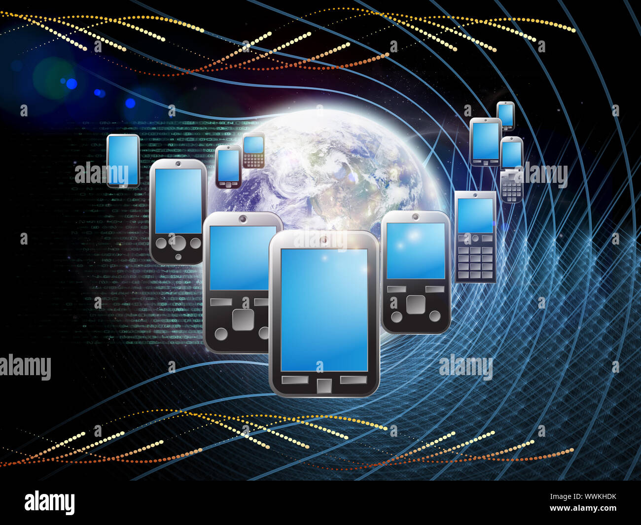 Rendering of arrangement of cellular phones, planet Earth and abstract ...