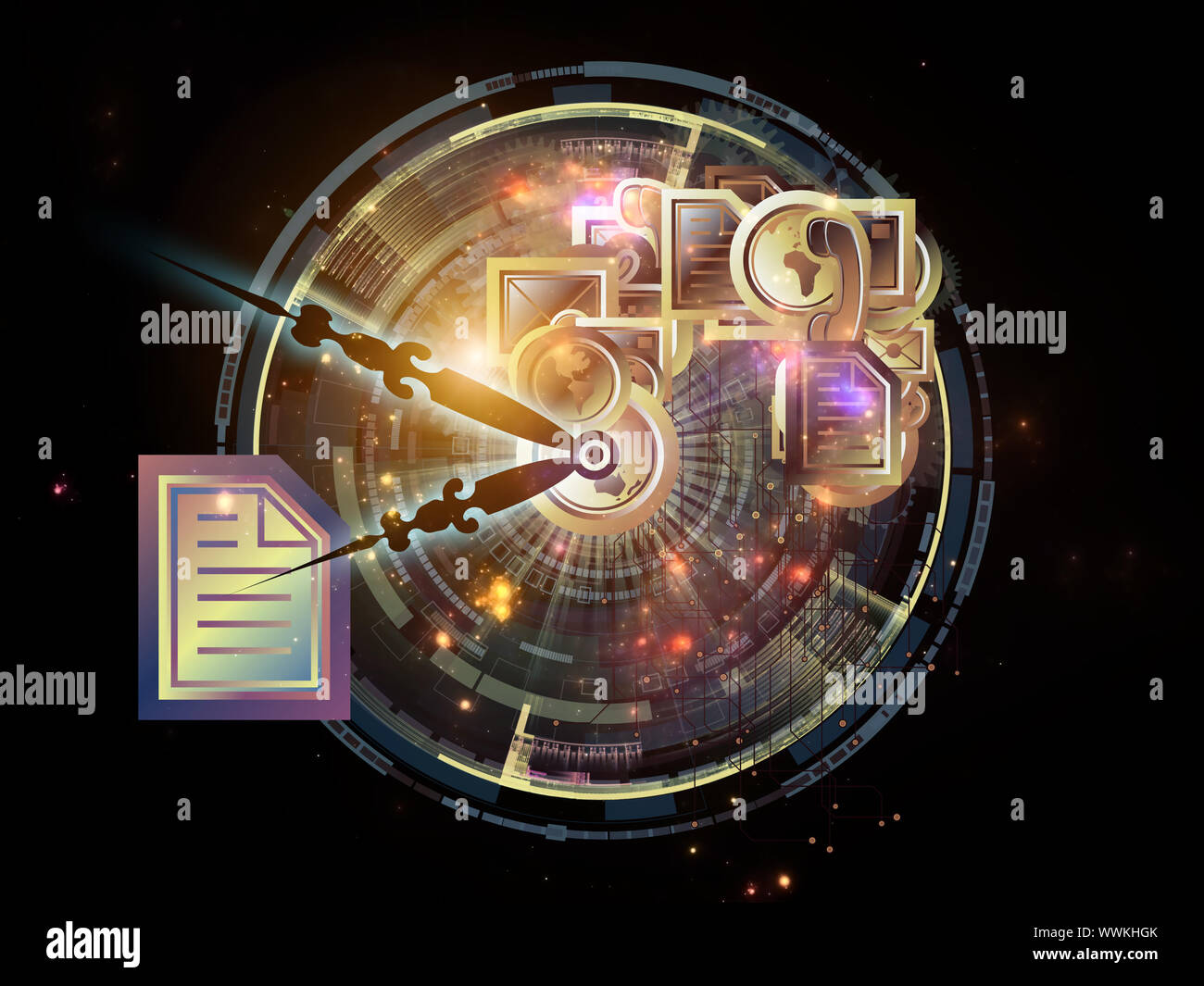 Composition of clock hands, communication symbols and technological ...