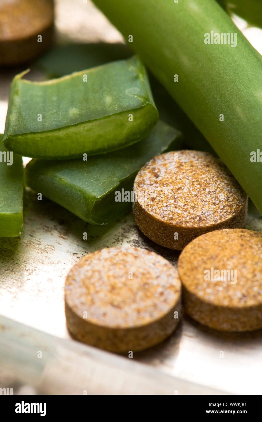 aloe vera plant with pills - herbal medicine Stock Photo - Alamy
