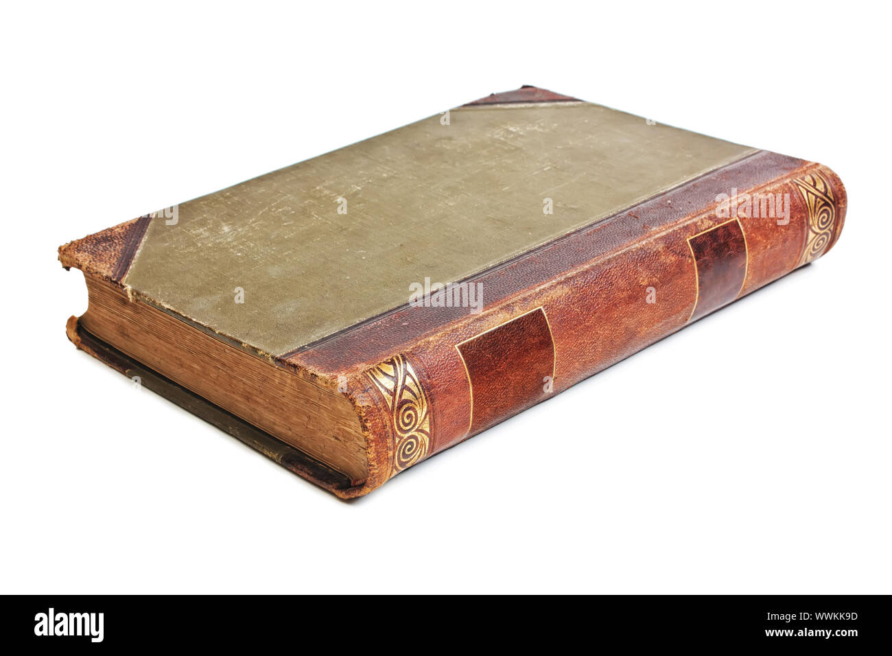 An old book with a crumpled sheet and hardcover isolated on white ...