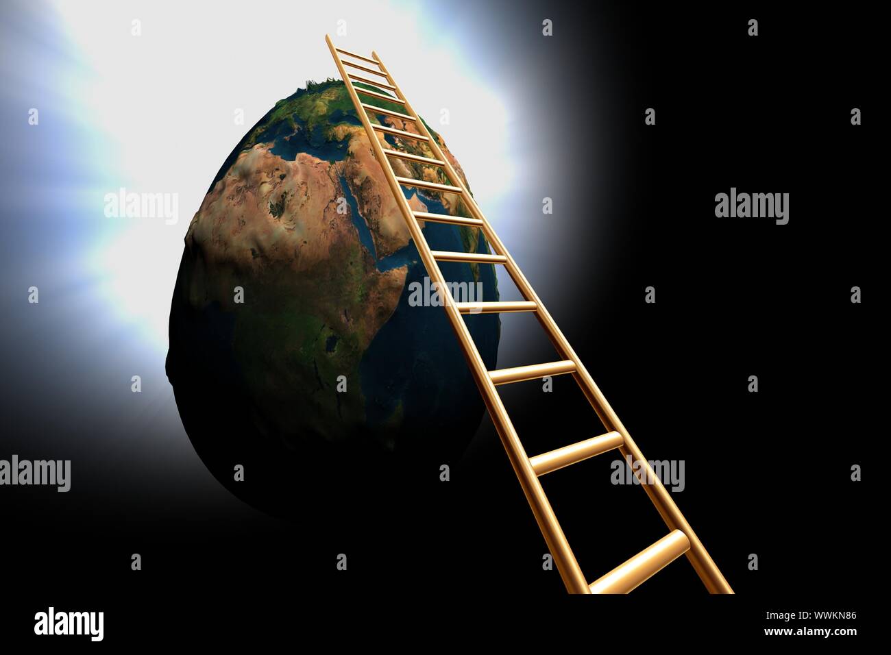 ladder to go up 3d earth in black space Stock Photo - Alamy