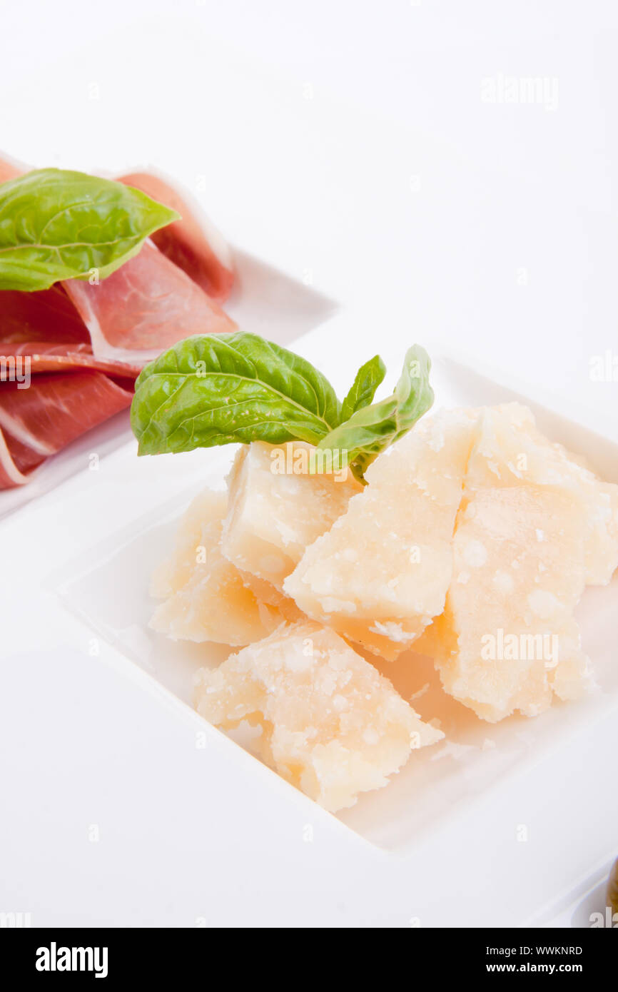 mixed starter with parma parmesan tomato olives on a plate Stock Photo ...