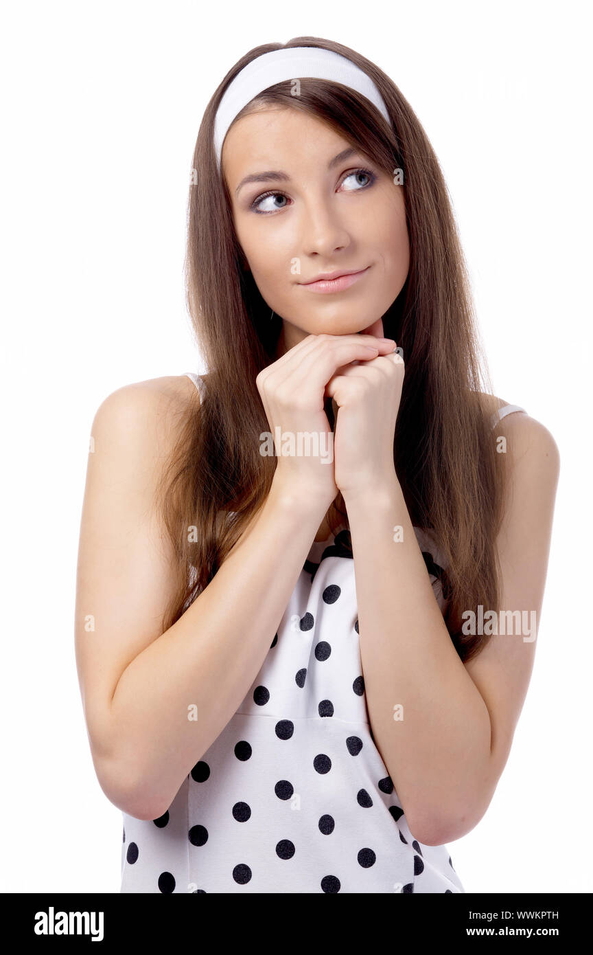 beautiful dreamy model poses in polka-dot dress on white Stock Photo ...