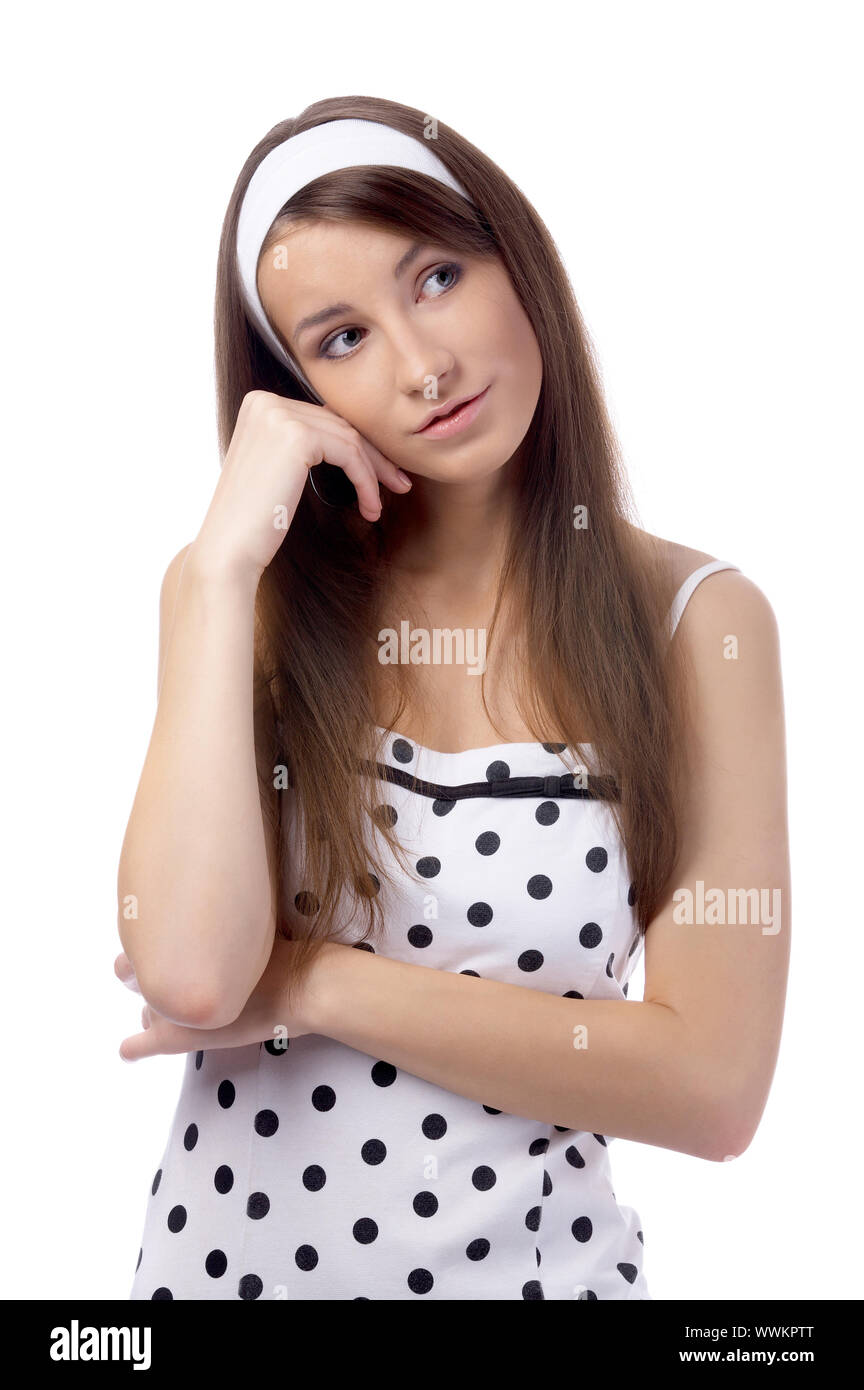 beautiful dreamy model poses in polka-dot dress on white Stock Photo ...