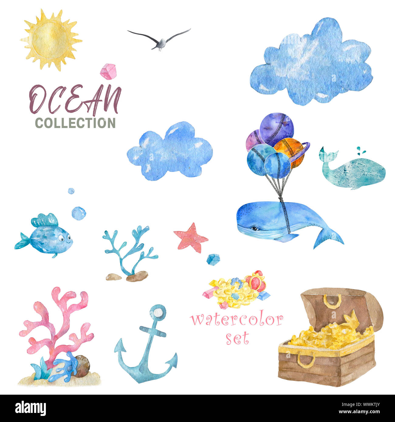 Watercolor ocean set. Whales and gold for pirets collection. Cartoon ...