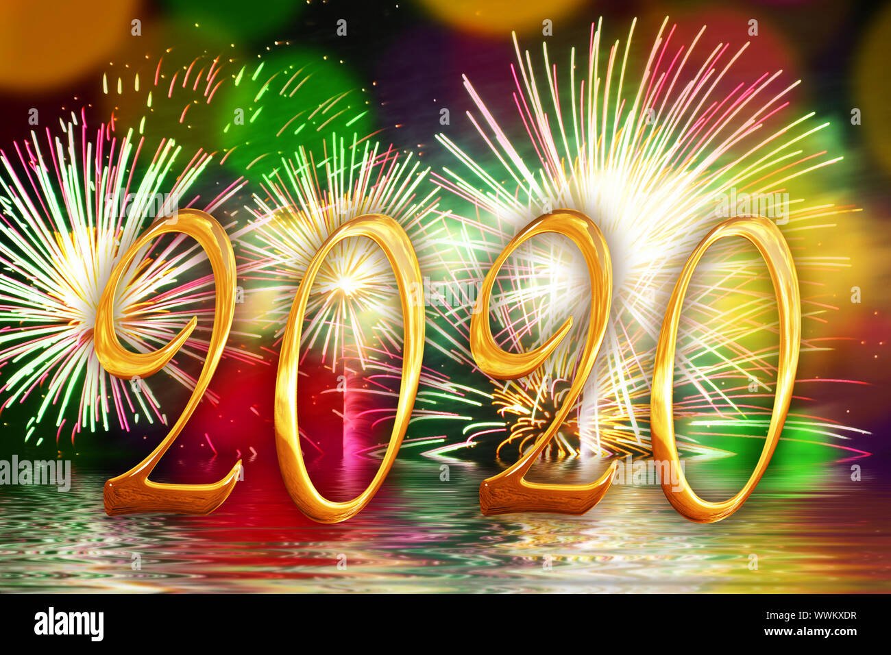 2020 golden numbers, fireworks background bew year greeting card Stock ...