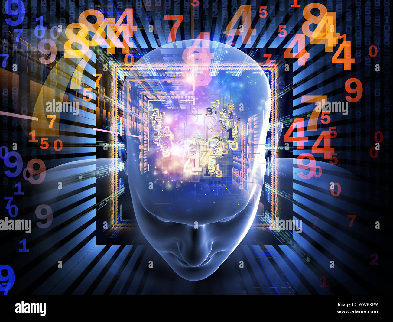 Collage of human head, digits and various abstract elements on the subject of artificial ...