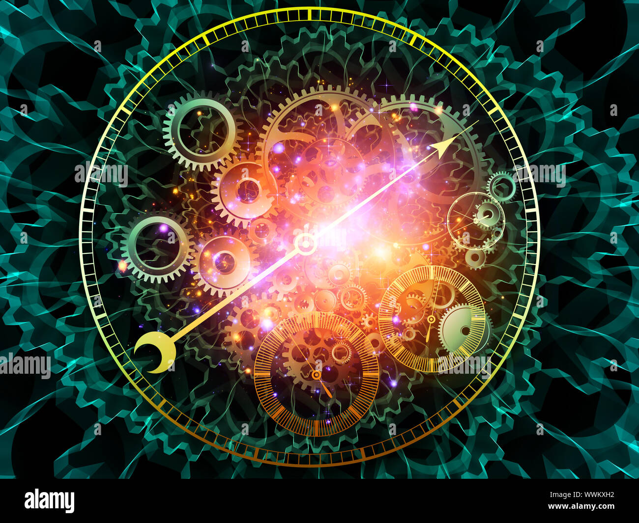 Composition of clock hands, gears and abstract design elements as a ...