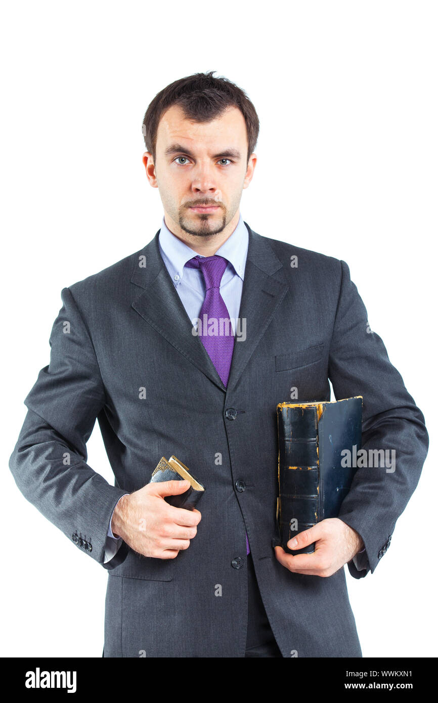 Portrait of a business man with book isolated on white background ...