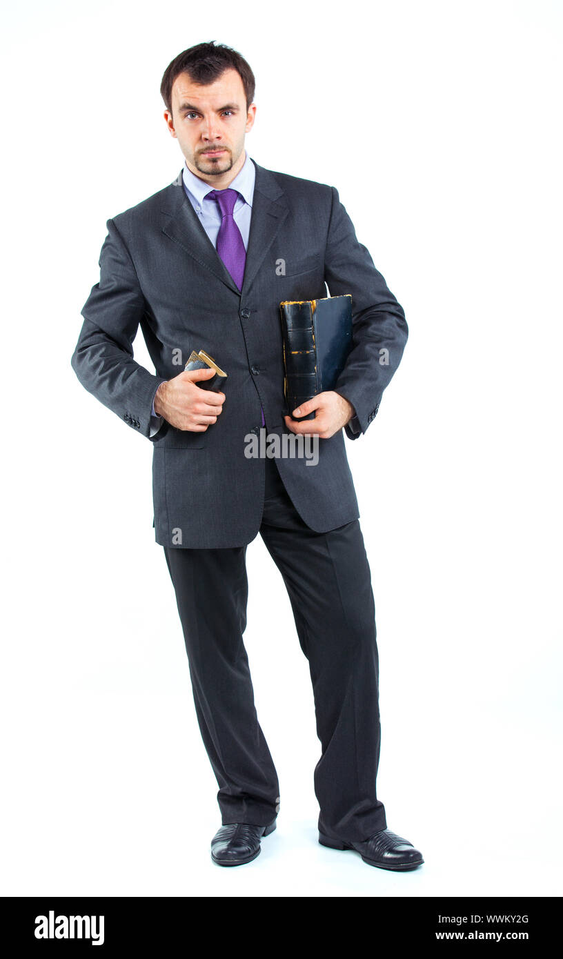 Business man with book isolated on white background. Studio shot Stock ...