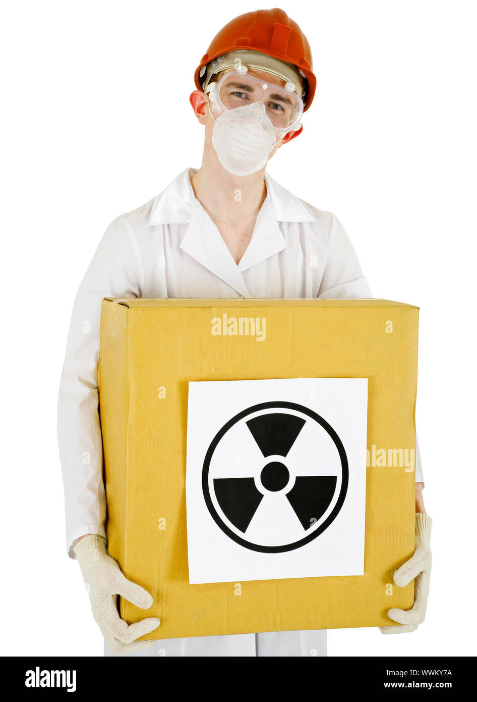 A scientist with a radioactive box isolated on white background Stock ...