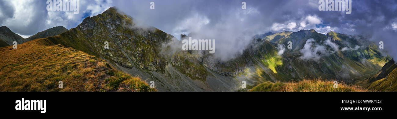 Horizontal high resolution panorama of Romania mountain peaks Stock ...