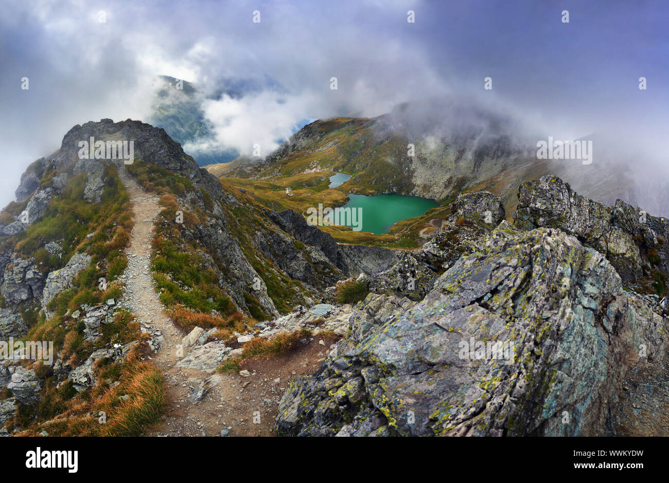High resolution panorama of Fagaras mountains and lake Capra in Romania ...