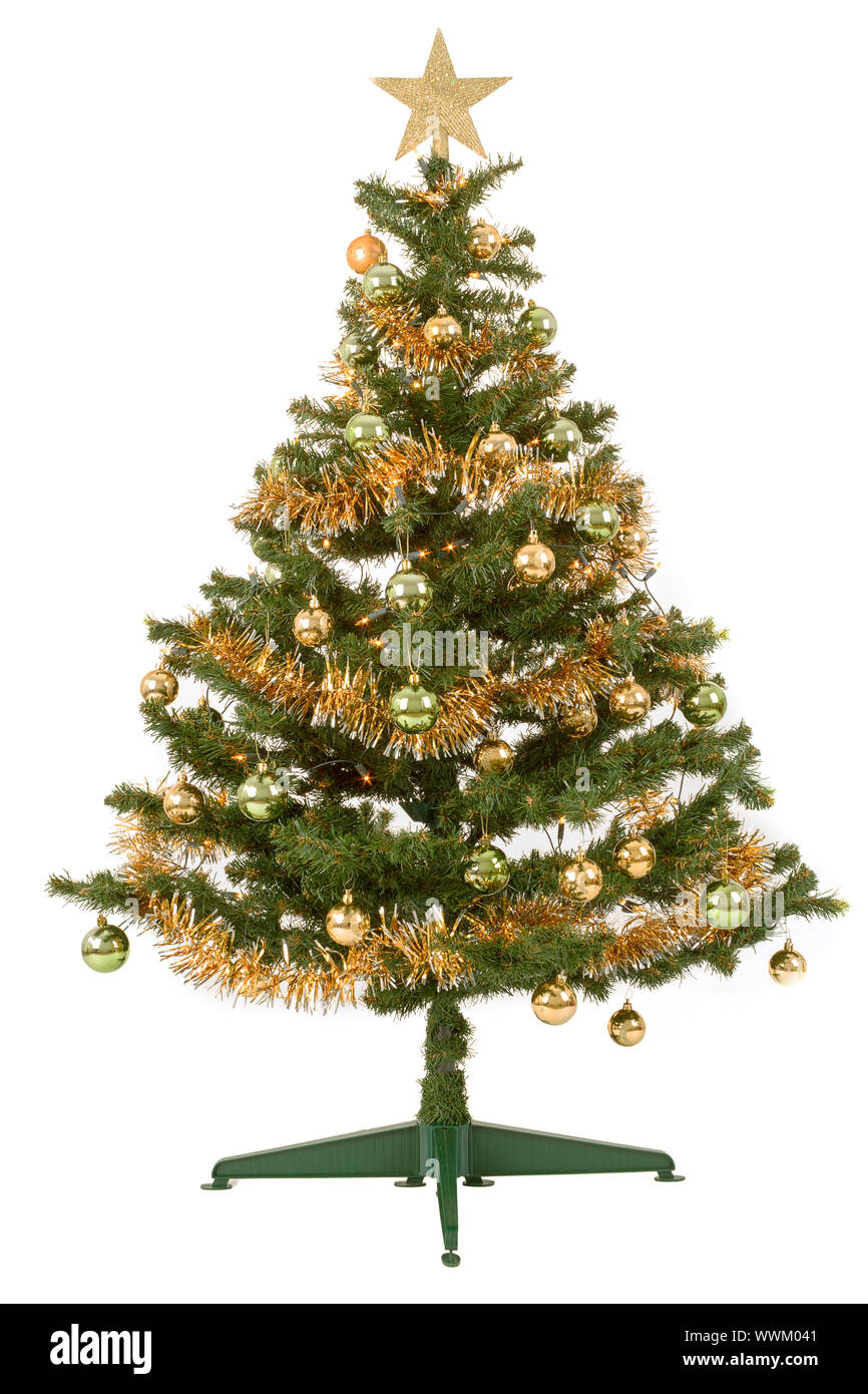 Decorated christmas tree with yellow and green balls Stock Photo - Alamy