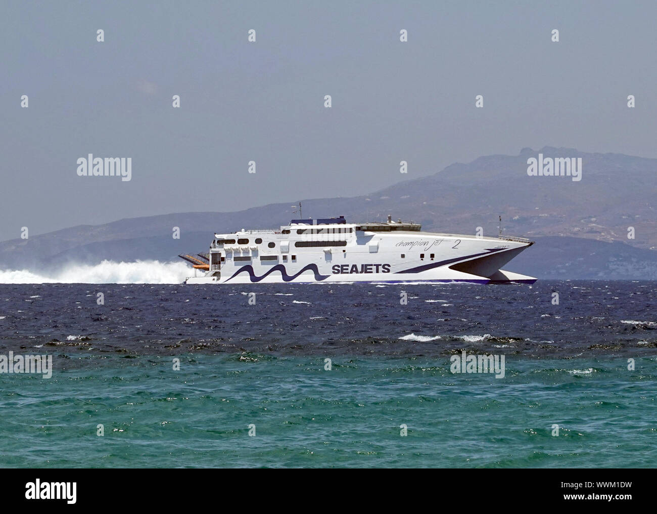 Mykonos, Greece. 13th June, 2019. A fast ferry with the inscription ...