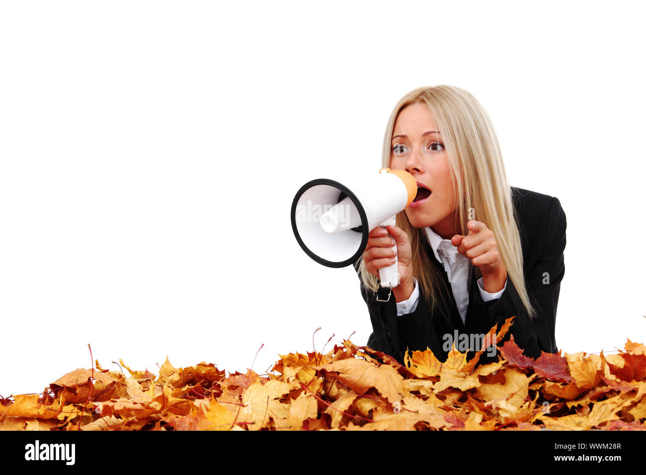 autumn businesswoman with megaphone studio isolated in studio Stock ...