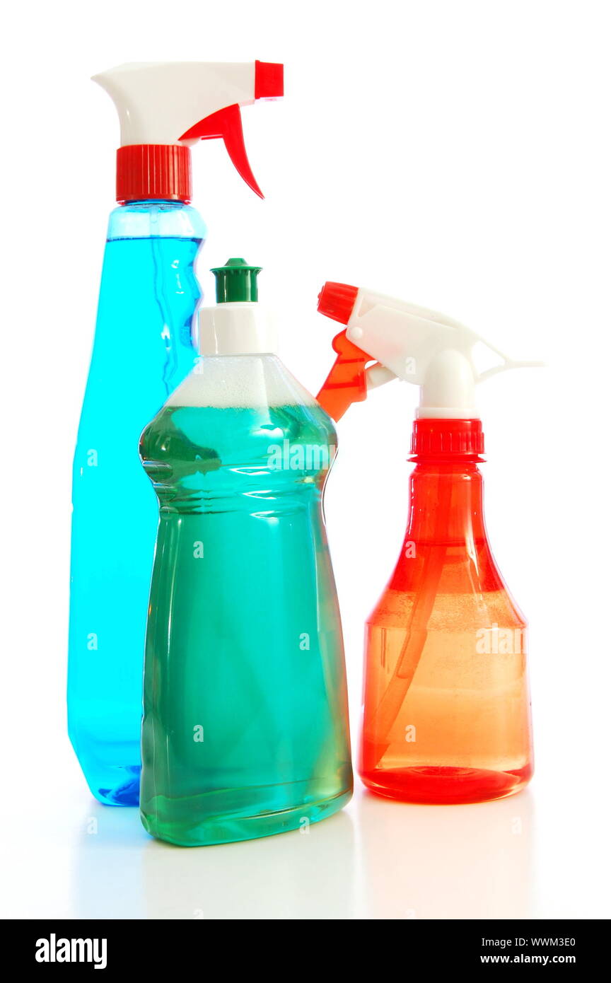 spray bottles for hygiene in a clean home Stock Photo - Alamy