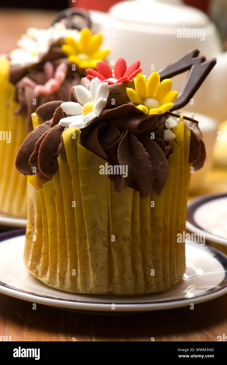 Spring muffins decorated with flower petals with tulips Stock Photo - Alamy