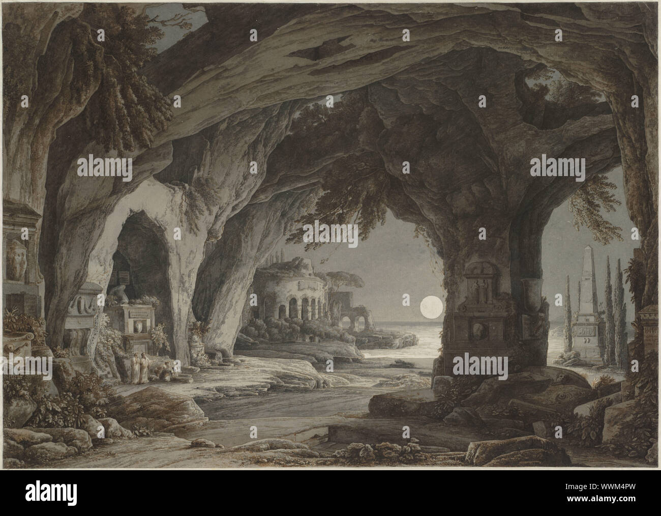 Ideal landscape with rock grotto, tombs and ruins in the moonlight, c ...
