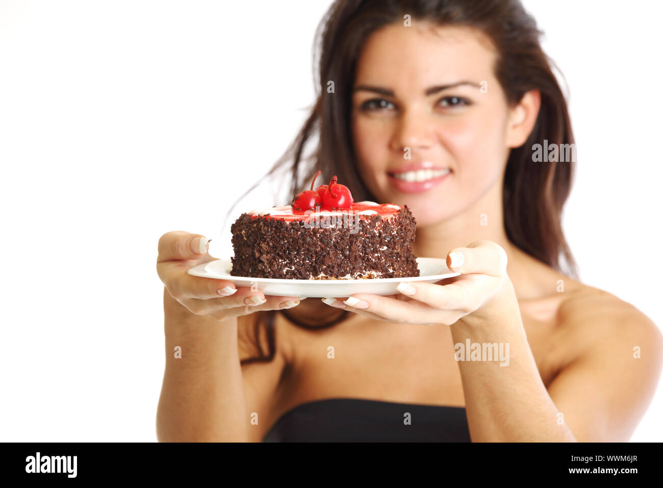 woman hold cake in hands isolated on white Stock Photo - Alamy