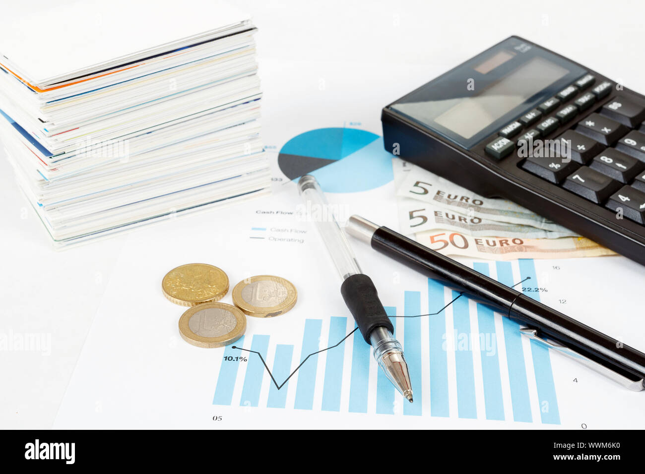 calculator, charts, pen, business cards, money, workplace businessman ...