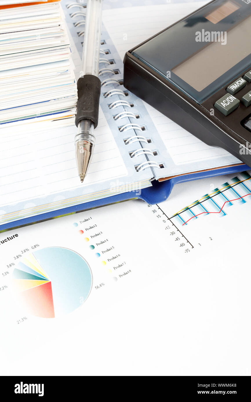 calculator, charts, pen, business cards, notes, workplace businessman ...