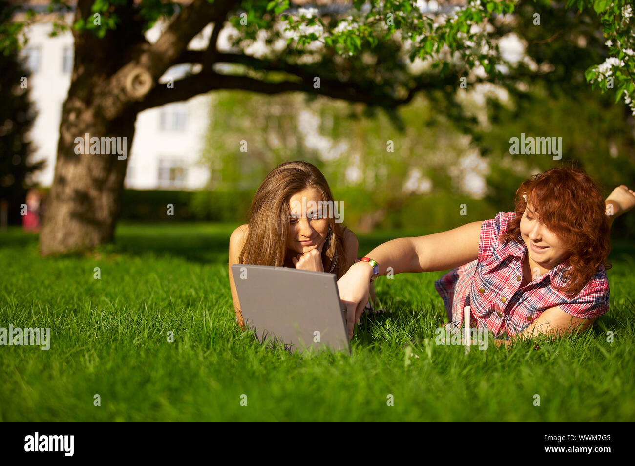 two student girls studying outdoors on grass Stock Photo - Alamy