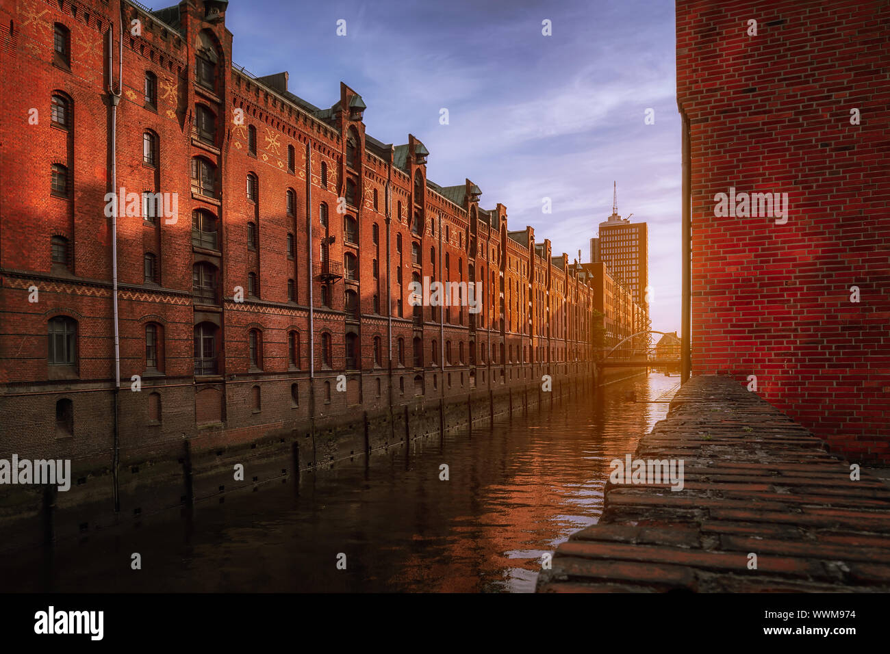 Speicherstadt warehouse district during sunset in Hamburg, Germany. Old ...