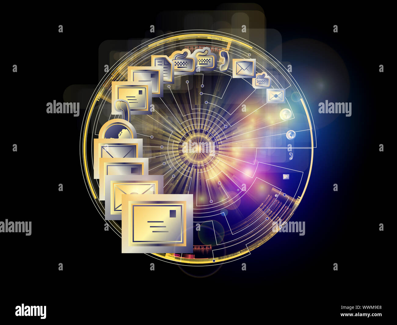 Composition of communication symbols, messaging icons and technological ...