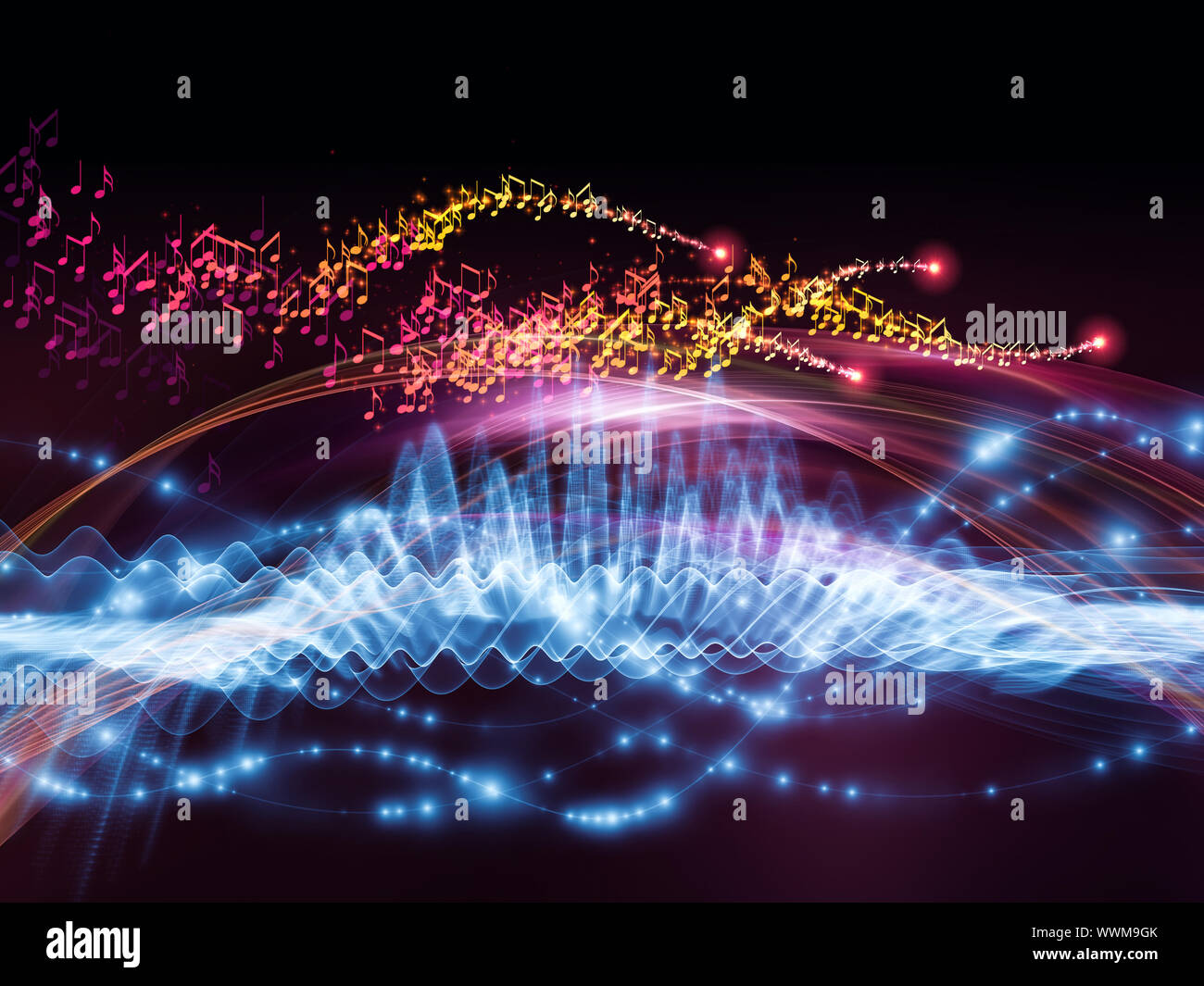 Interplay of sine waves, musical notes, lights and abstract design ...