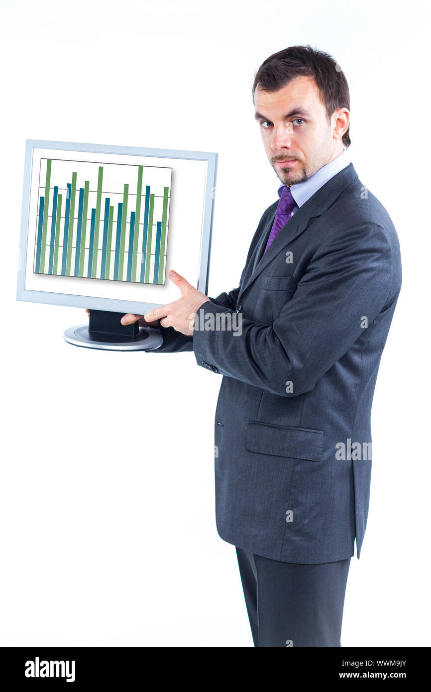 business man holding monitor with business graph, isolated Stock Photo ...