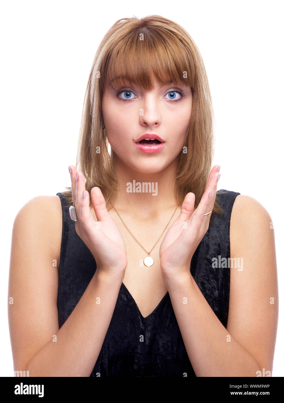close-up portrait of pop-eyed model, flinging arms up Stock Photo - Alamy