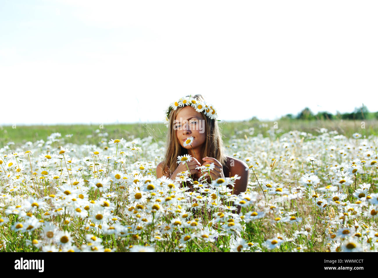 beautiful girl on the daisy flowers field Stock Photo - Alamy