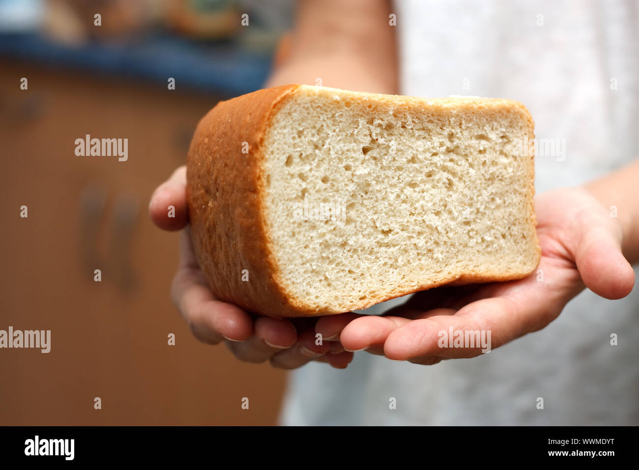 The bread in two hands Stock Photo - Alamy