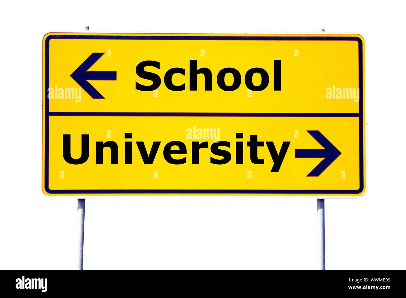 school and university education concept with yellow road sign Stock ...